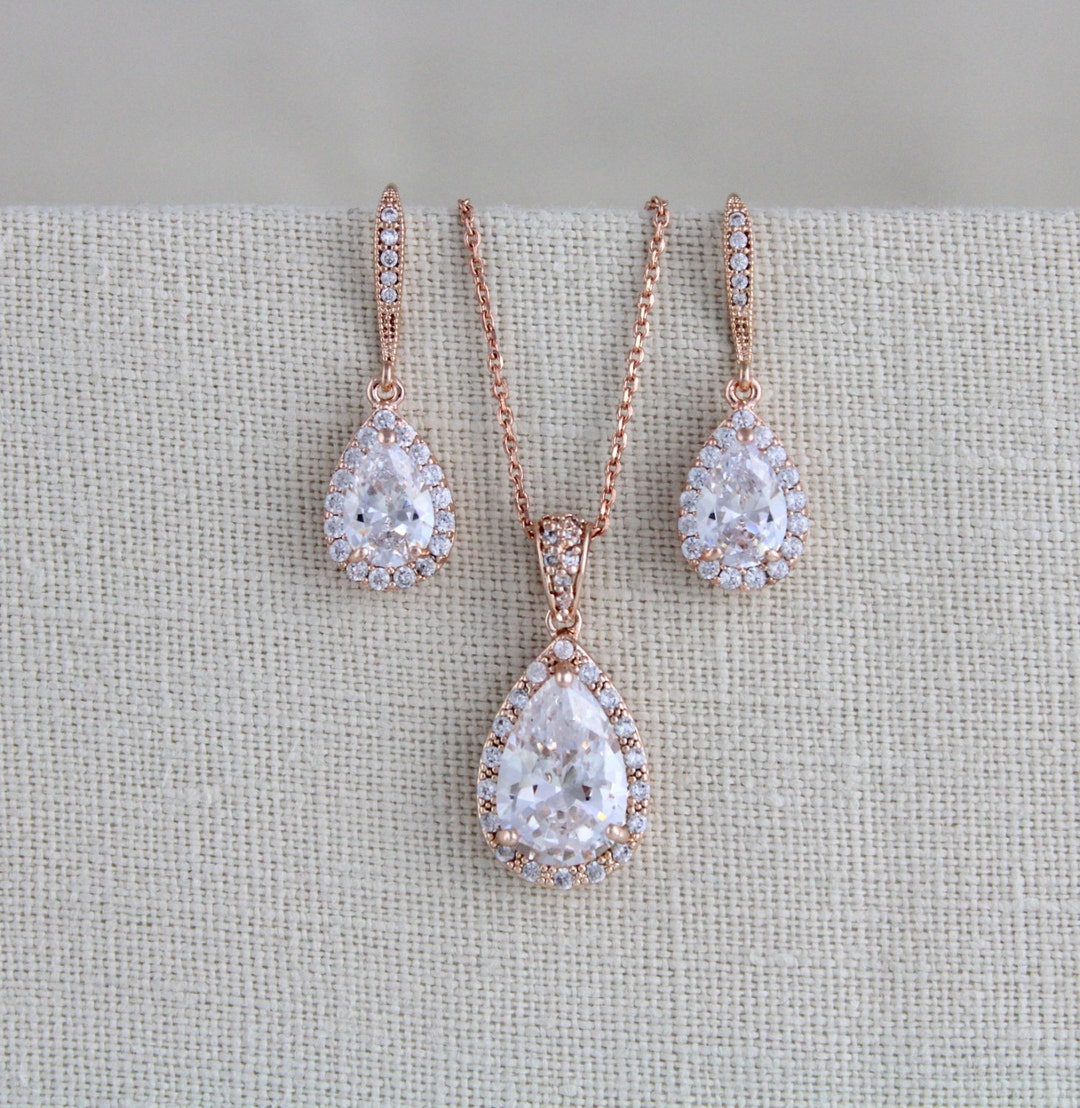 Dainty Bridal Necklace and Earrings Rose Gold Jewelry for Bride Bridal ...