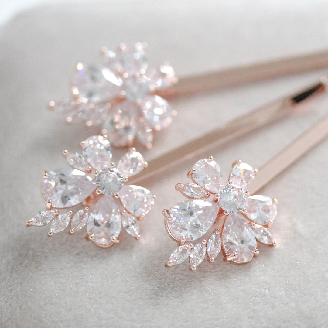 Rose Gold Bridal Hair Pins, Floral Hair Pin, Cubic Zirconia Hair Pins ...