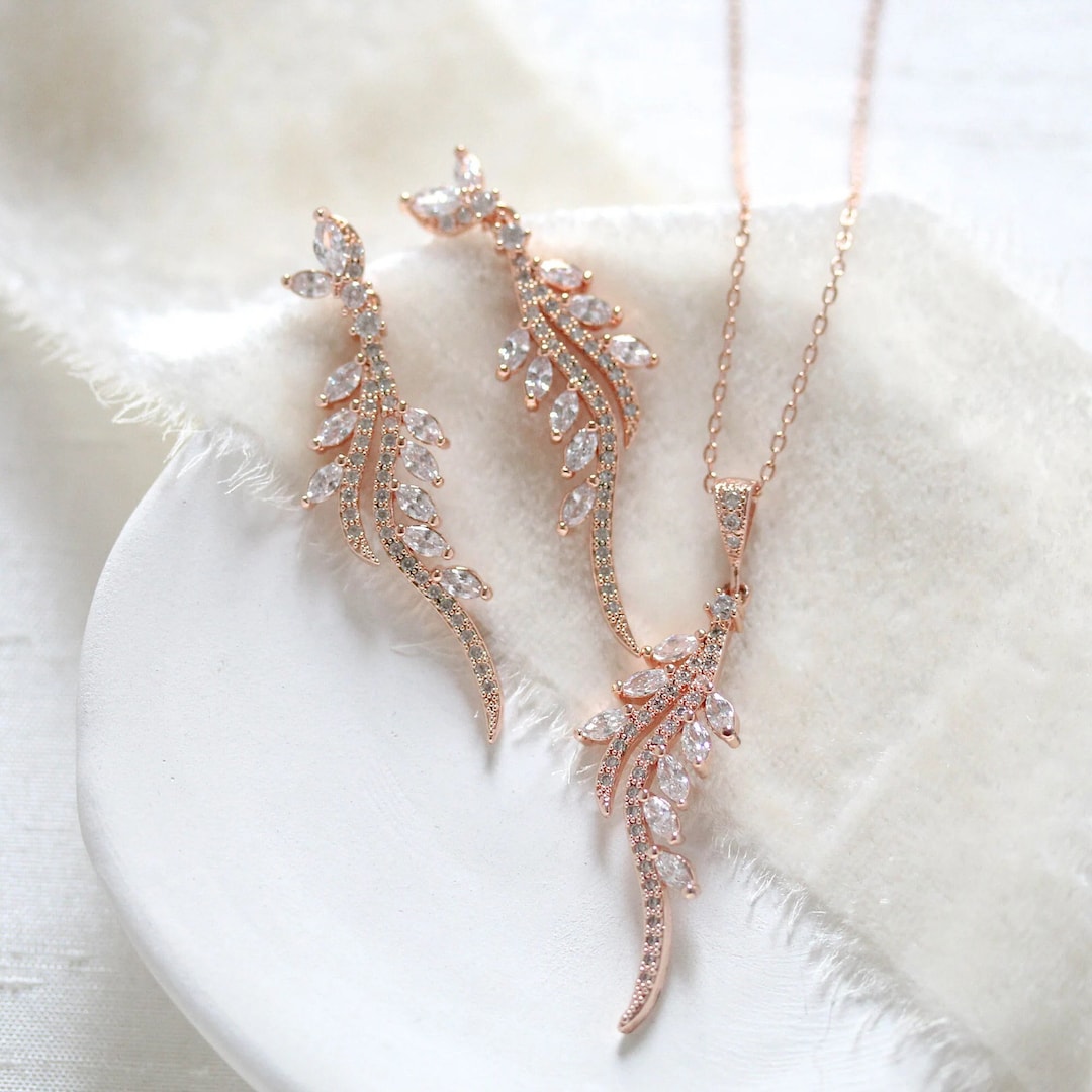 Rose Gold Jewelry Set, Bridal Necklace and Earrings, Rose Gold Wedding ...