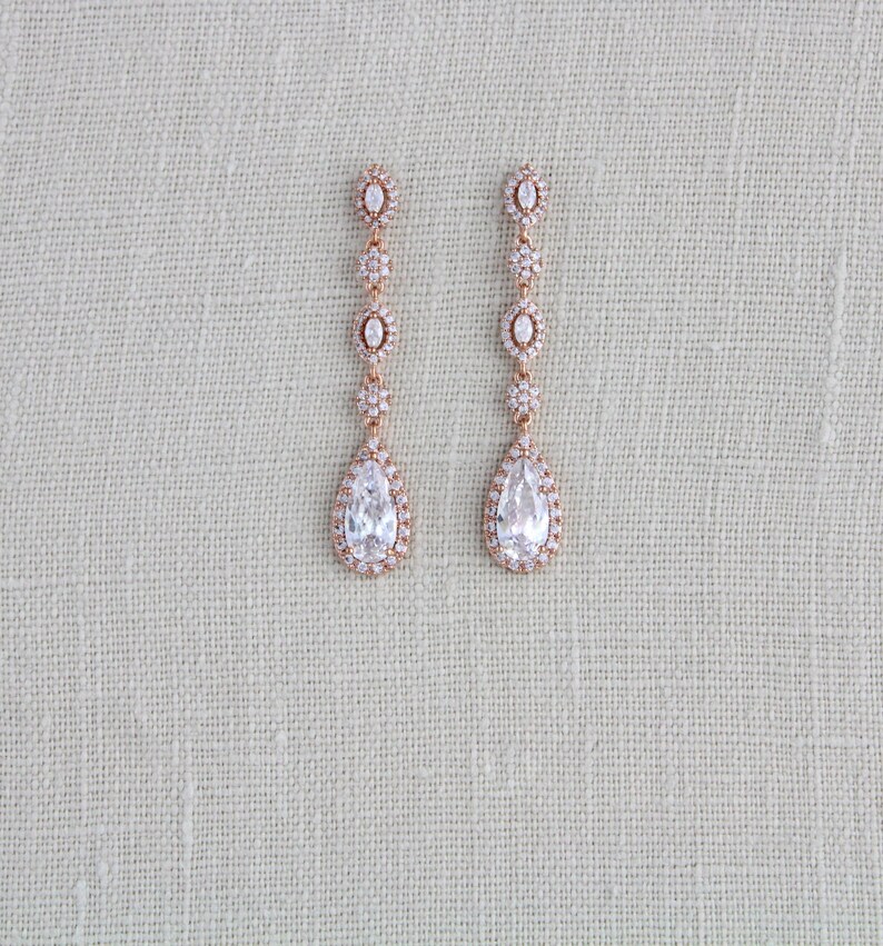 Long Rose Gold Earrings Bridal Earrings Wedding Jewelry Bridal | Etsy