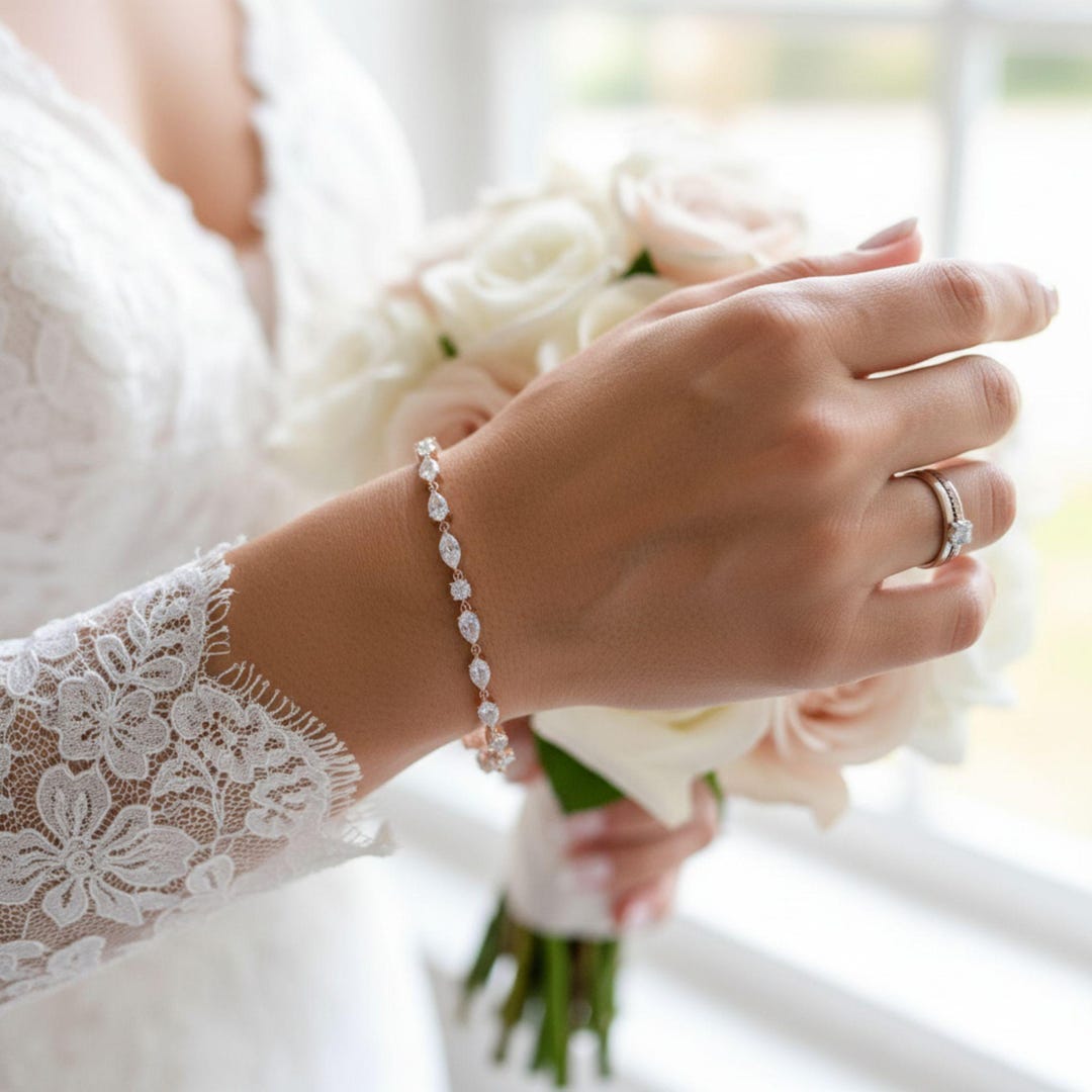 Dainty Rose Gold Bridal Bracelet, Marquise Crystal Bridal Bracelet ...
