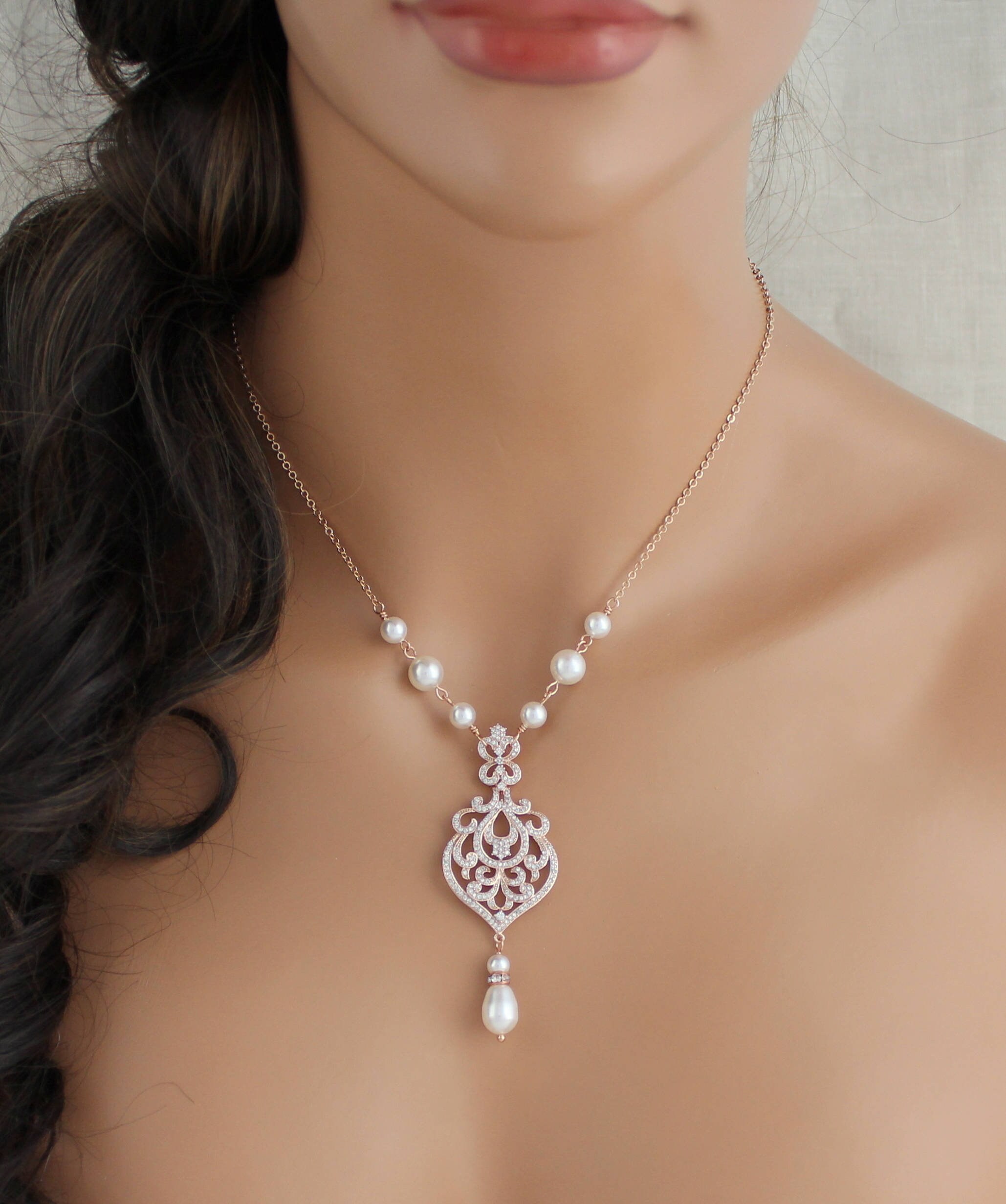 Rose Gold Necklace Rose Gold Bridal Necklace Crystal Wedding Etsy