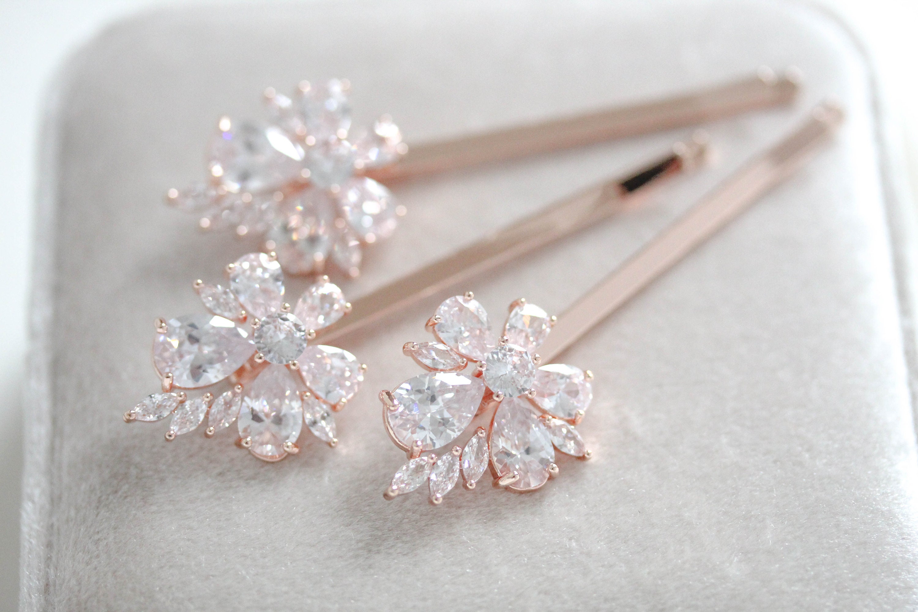 Rose Gold Bridal Hair Pins, Floral Hair Pin, Cubic Zirconia Hair Pins ...