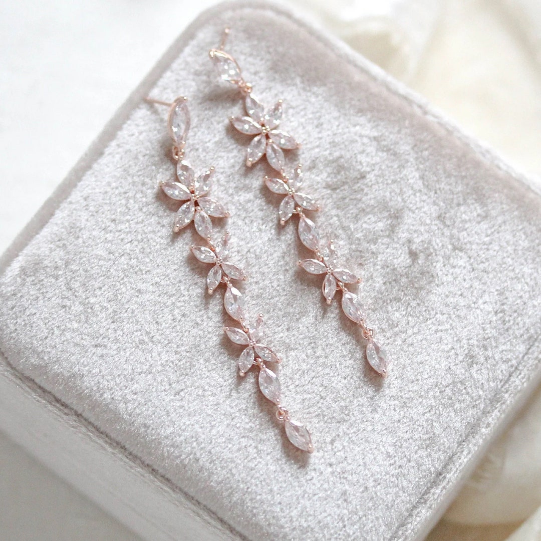 Long Rose Gold Bridal Earrings, Bridal Jewelry, Crystal Wedding ...
