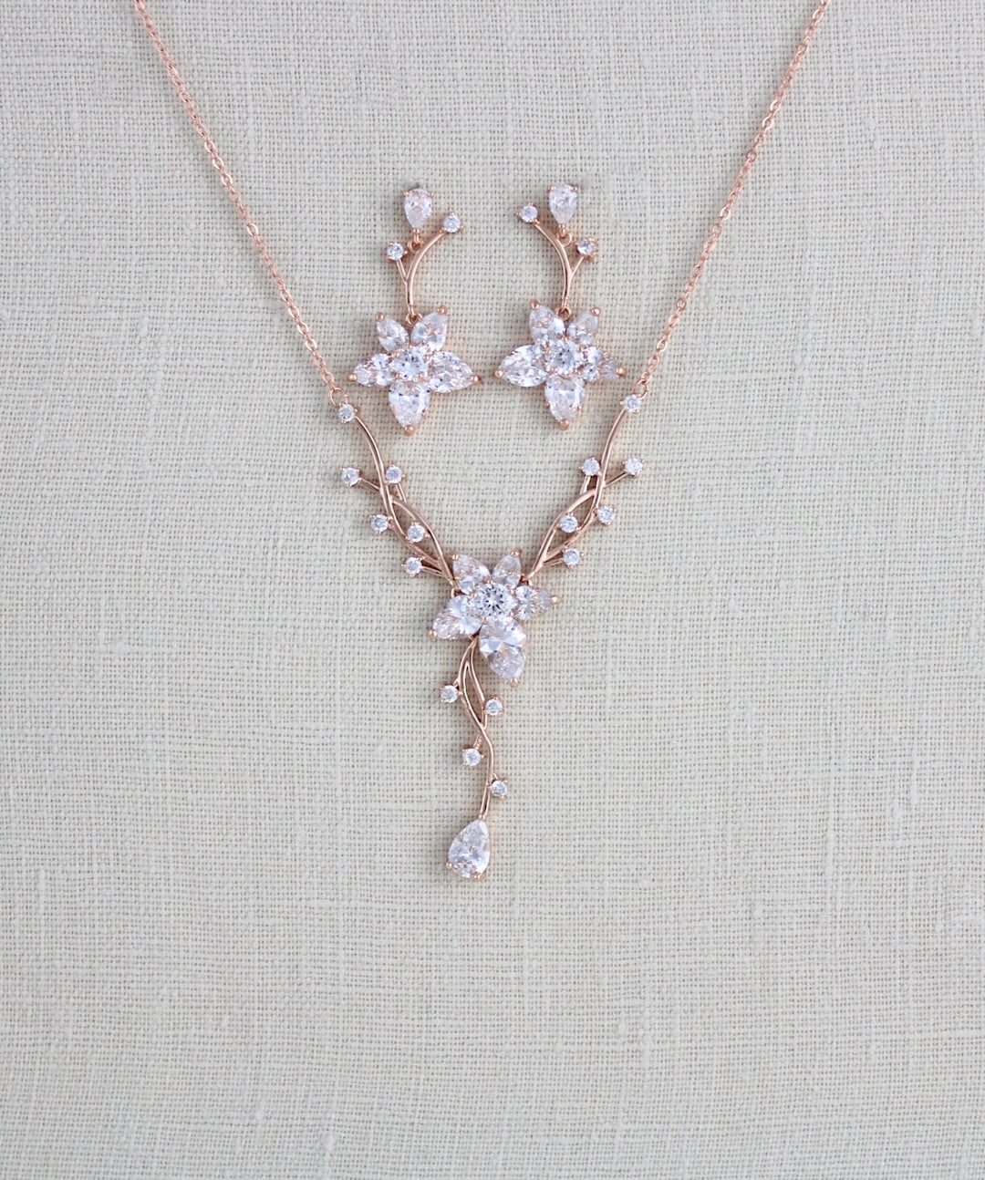 Rose Gold Bridal Necklace Rose Gold Bridal Earrings Wedding Jewelry Set ...