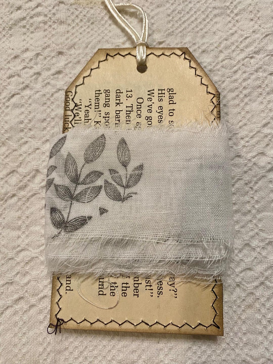 Vintage Style Hand Stamped Torn Fabric Ribbon and Journal Hang Tag ...