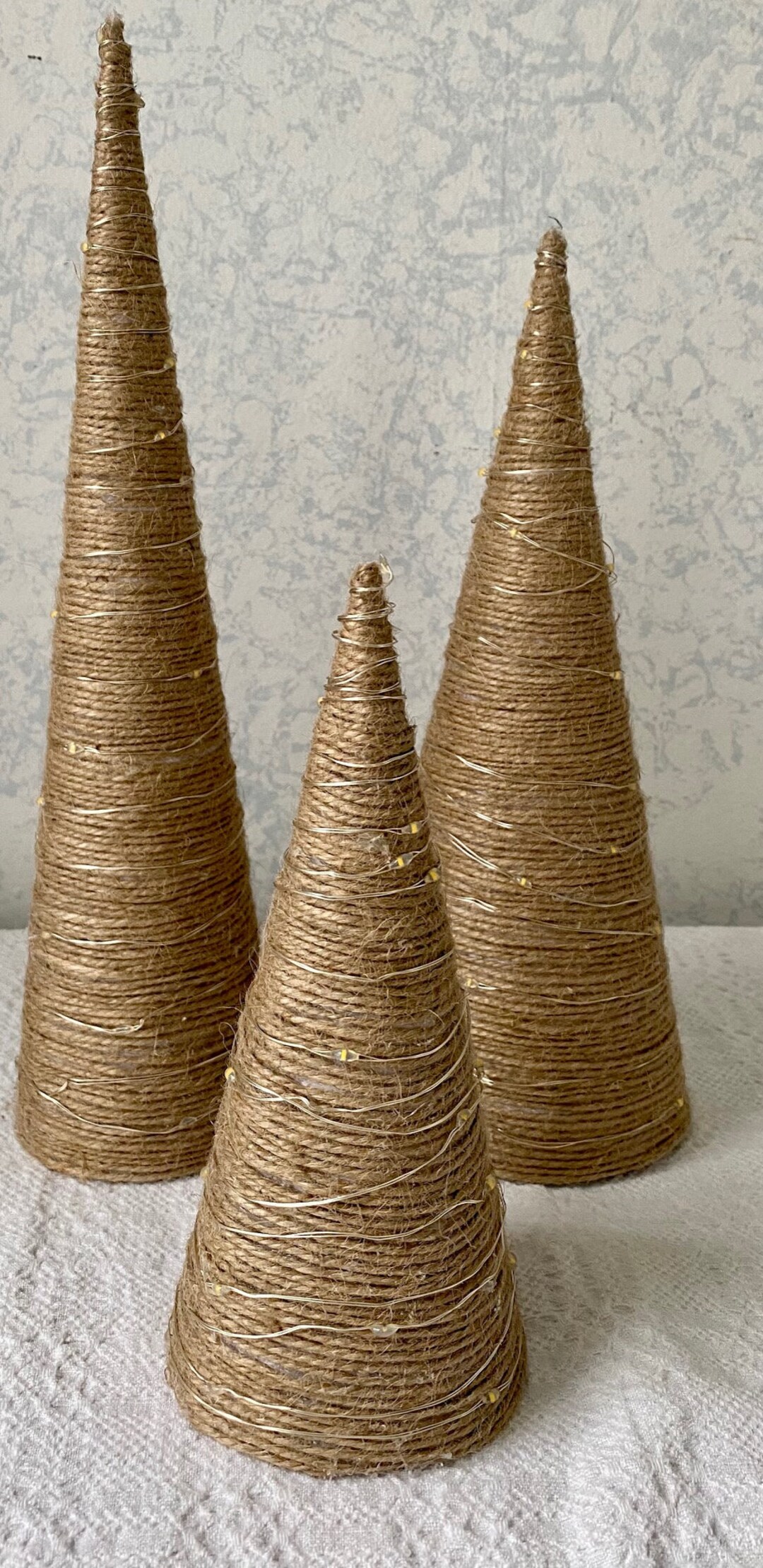 Prelit Cone Trees - Set of 3 Cone Trees - Cone Trees - Jute Tree ...