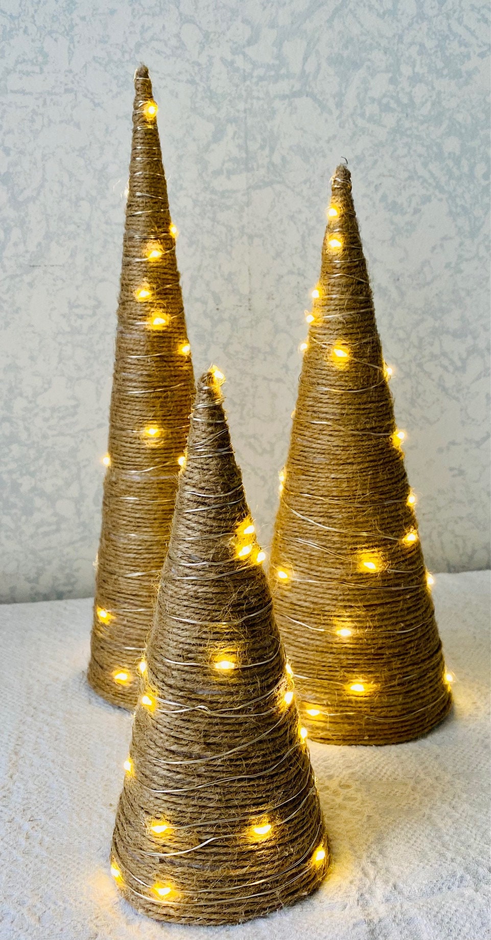 Prelit Cone Trees - Set of 3 Cone Trees - Cone Trees - Jute Tree ...