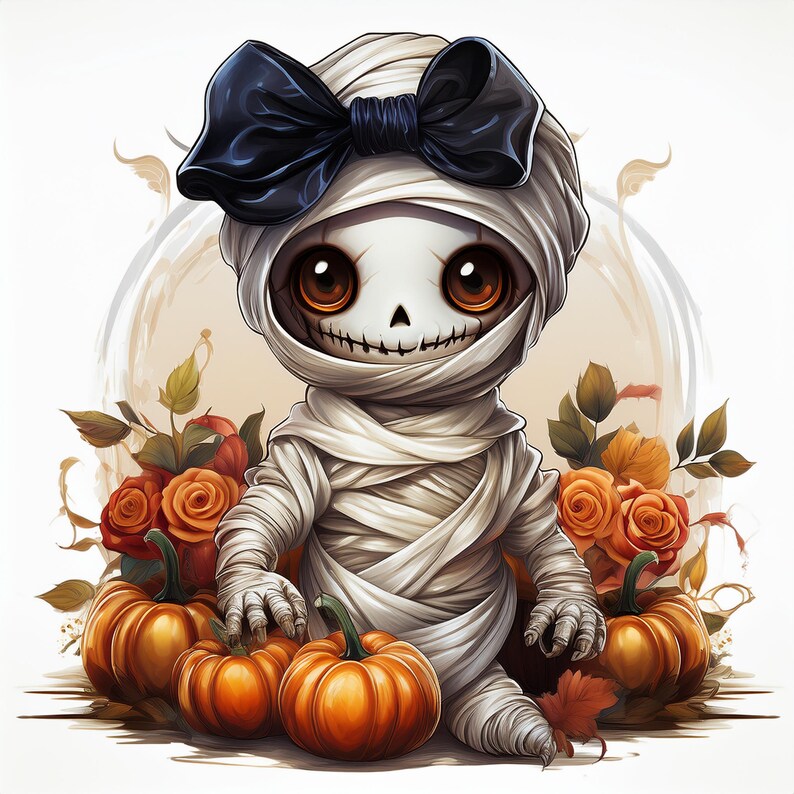 Cute Mummy With Black Bow, With Roses and Pumpkins, Halloween Autumn ...