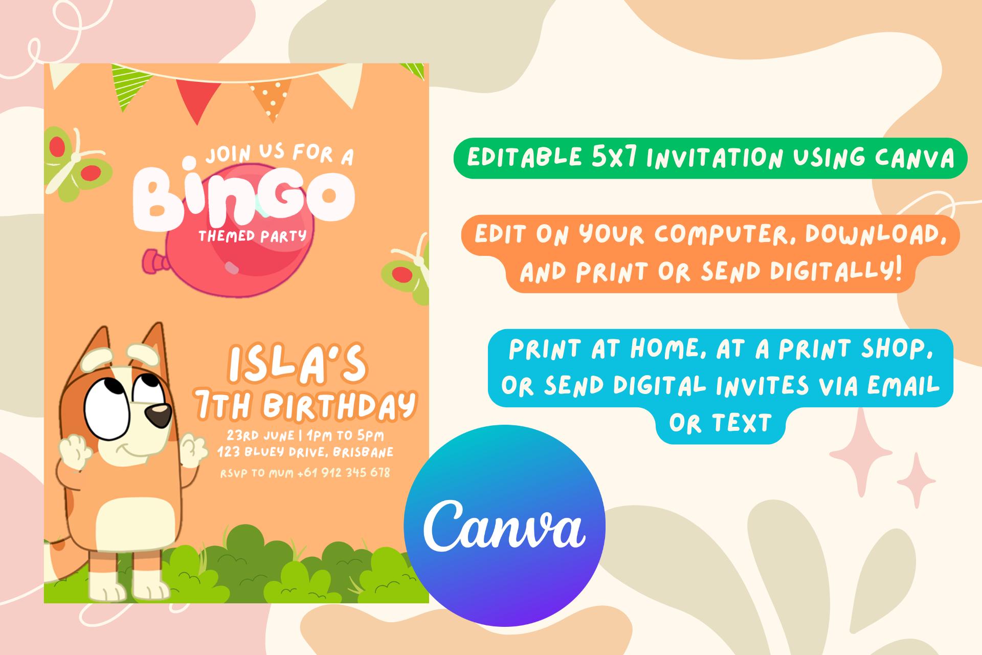 Bluey Bingo Editable Digital Birthday Invitation, Bingo Bluey Party ...