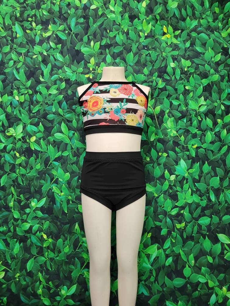 Striped Floral Crop and Brief Dance Set, 2pc Dance Practice Outfit ...