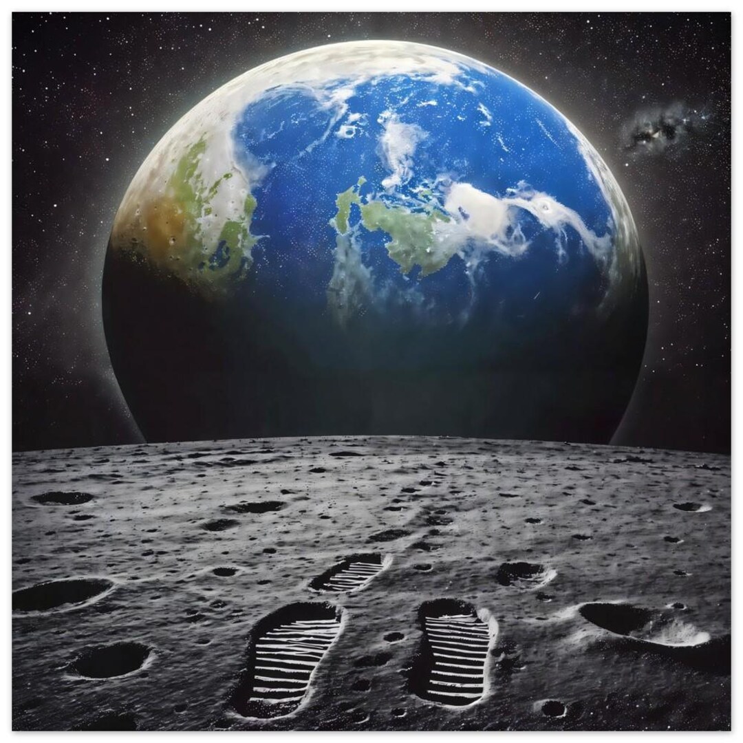 Astronaut Footprints on the Moon Poster - Earth Rise From Moon Wall Art ...