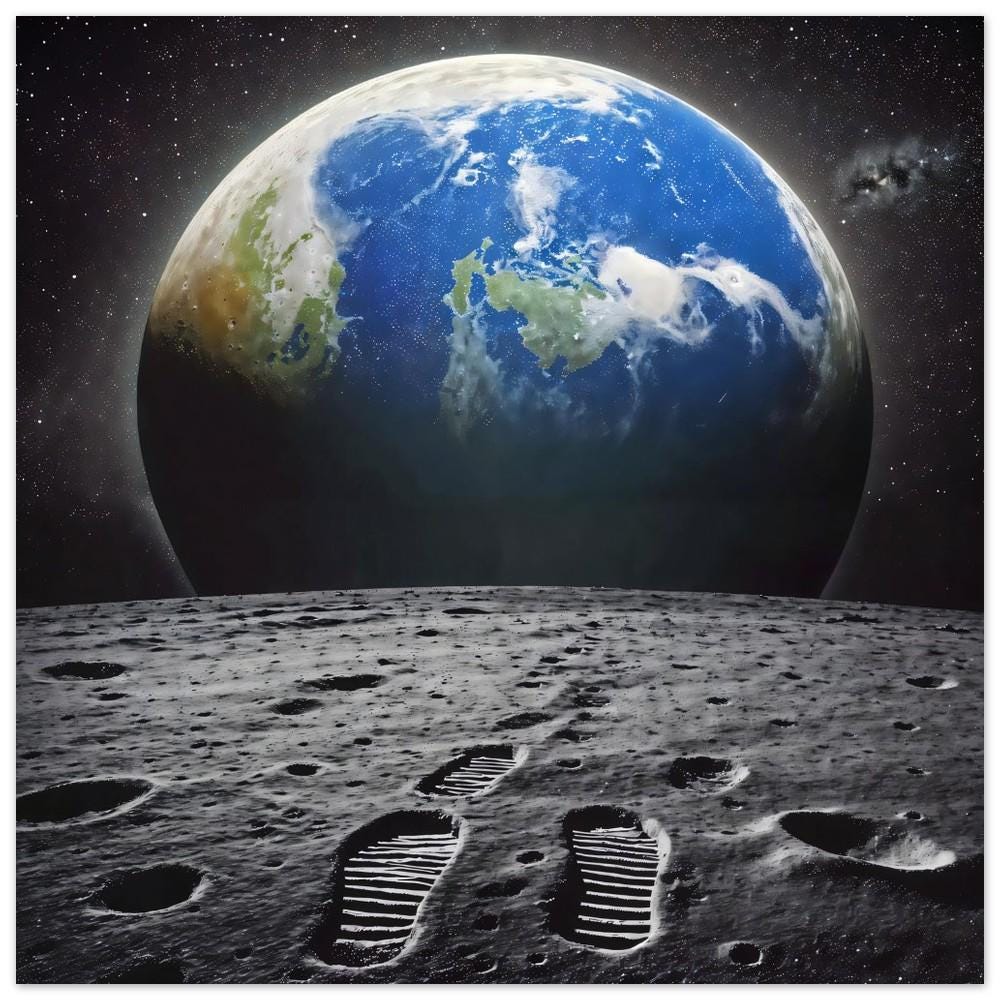Astronaut Footprints on the Moon Poster - Earth Rise From Moon Wall Art ...