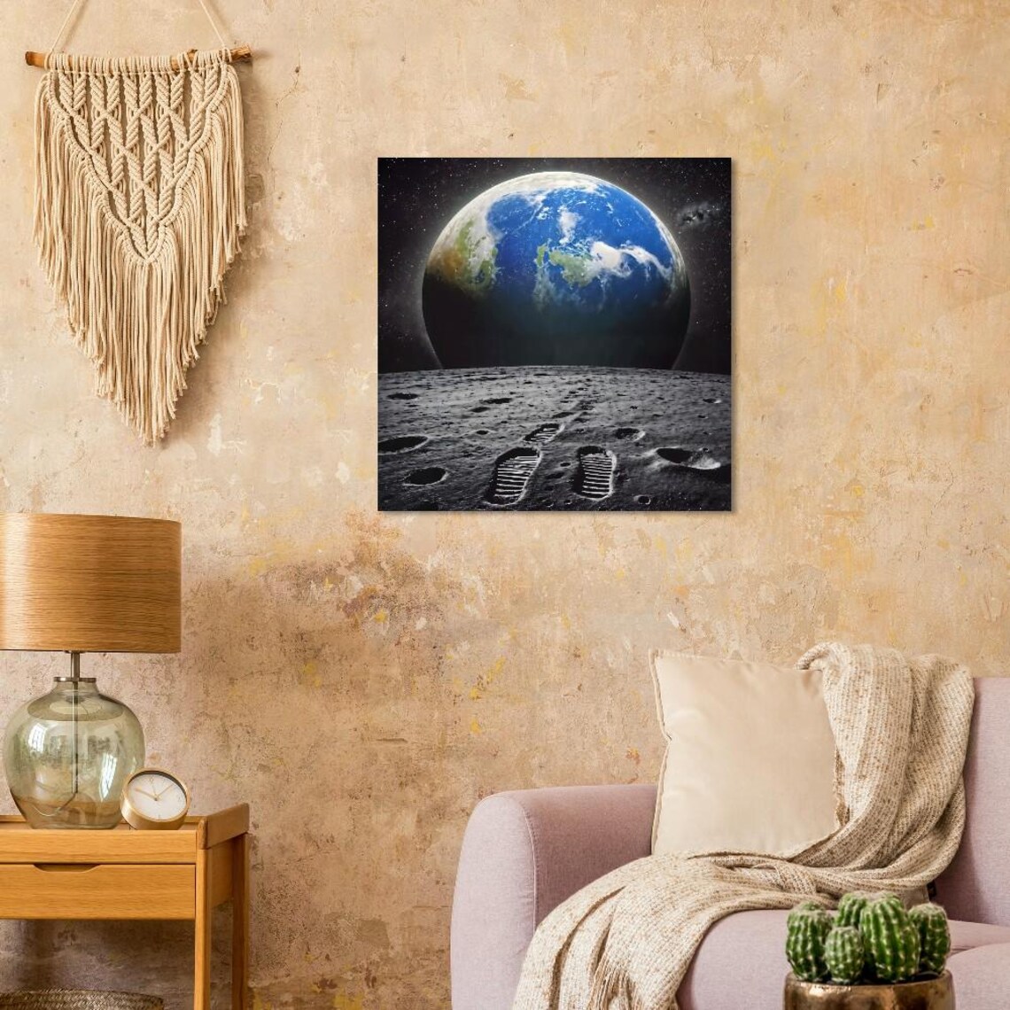 Astronaut Footprints on the Moon Poster - Earth Rise From Moon Wall Art ...