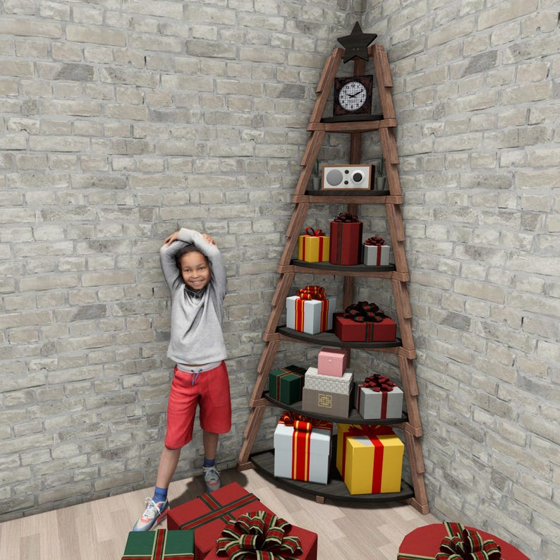 Room Corner Wooden Christmas Tree Shelf, Decorative Wood Decor DIY ...