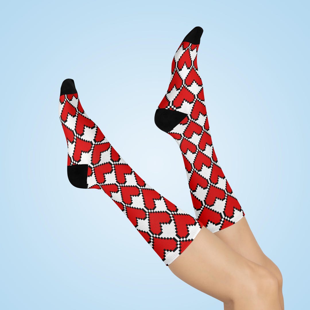 Pixel Red Heart Crew Socks, Retro Pixel Art Socks, Valentines Gift Idea ...