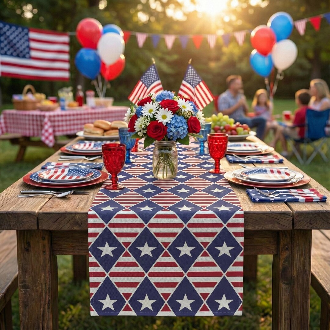 Blue Star Argyle Table Runner, Patriotic USA Dining Table Decor - Etsy