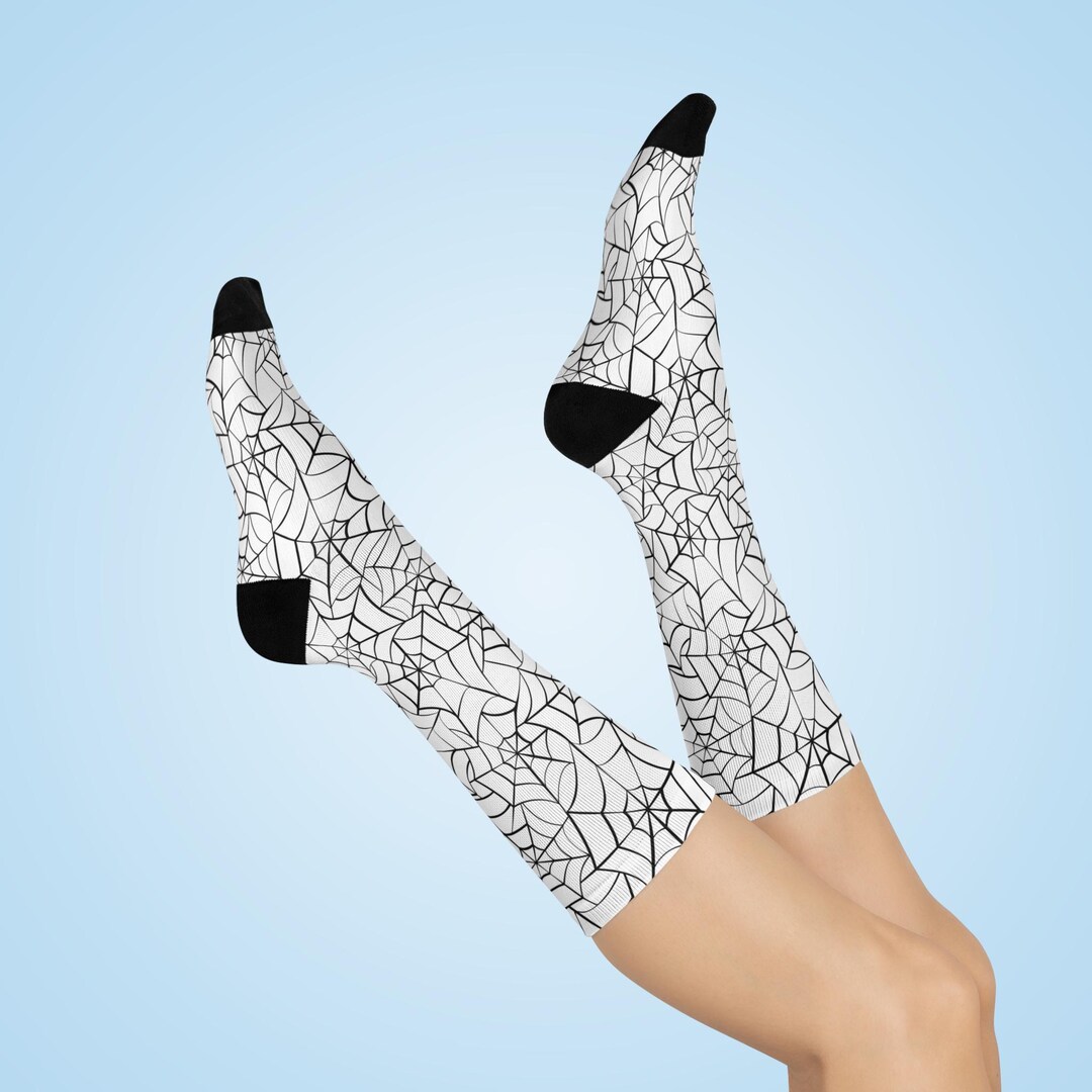 Spider Web Pattern White Socks, Funny Socks, Cobweb Print, Cushioned Crew Socks, Halloween ...