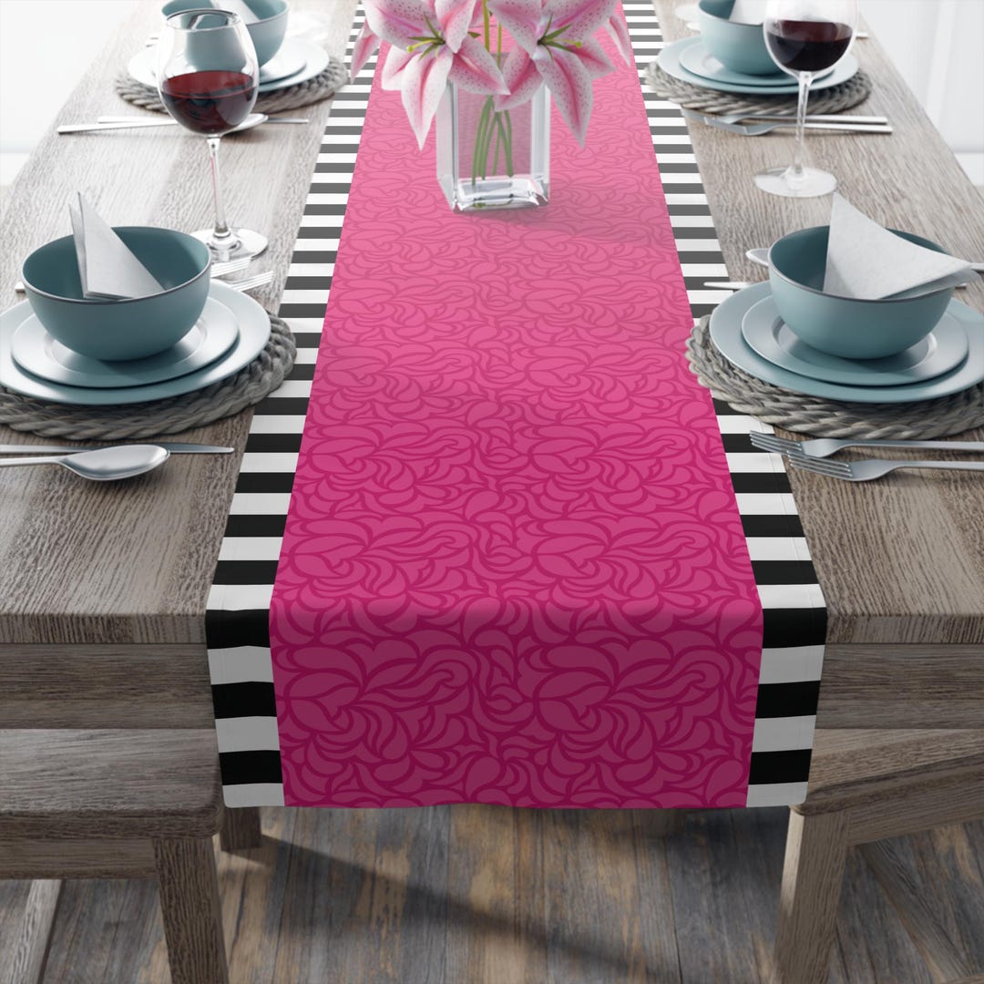 Memphis Design Table Runner: Pink Floral, Black & White Stripe - Etsy