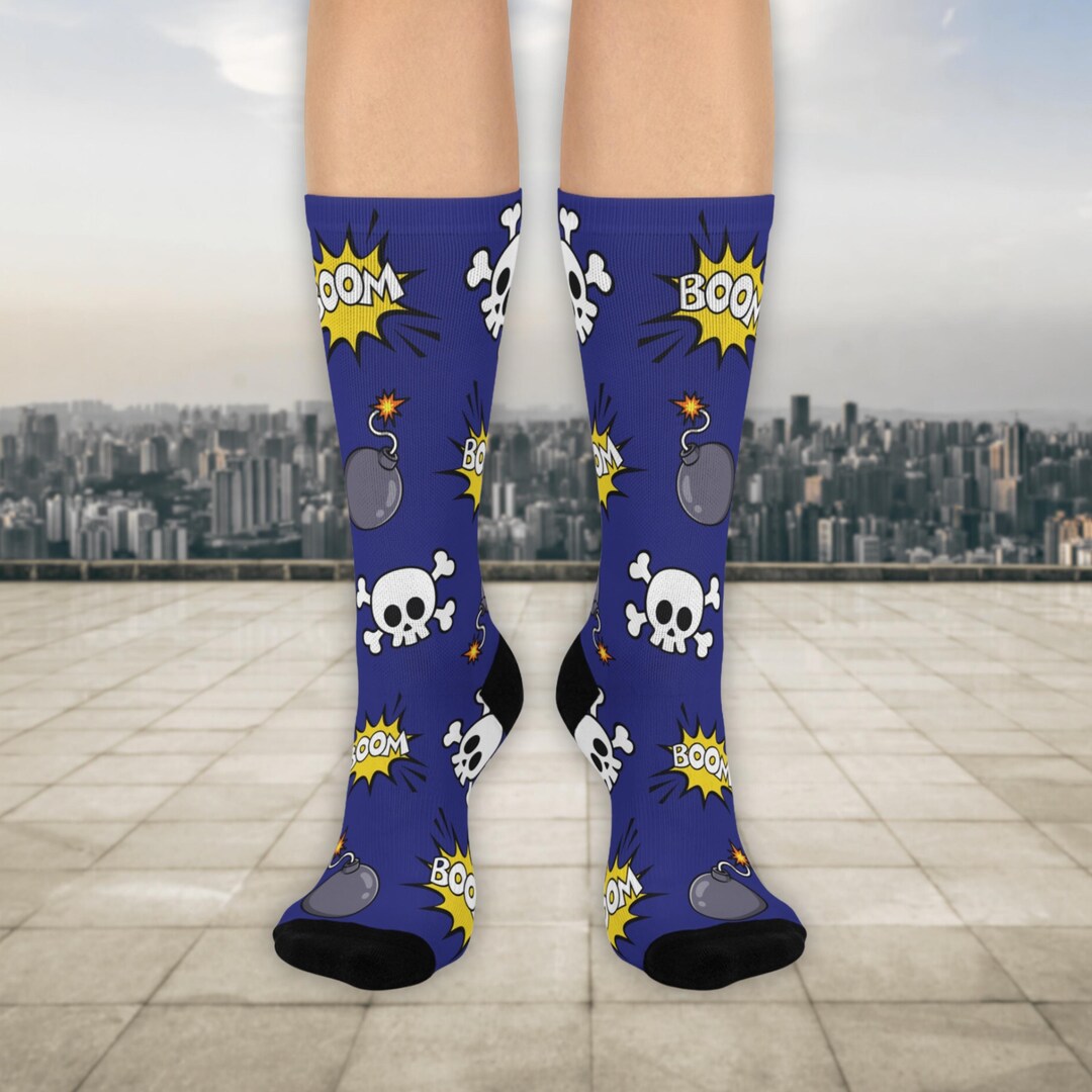 Comic Boom Skull Pattern Socks, Blue Bomb Crew Socks, Fun Cartoon ...