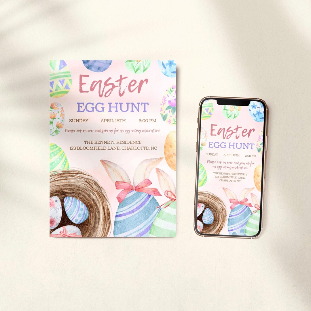 Easter Egg Hunt Invitation, Printable and Digital Bunny Nest E Card ...