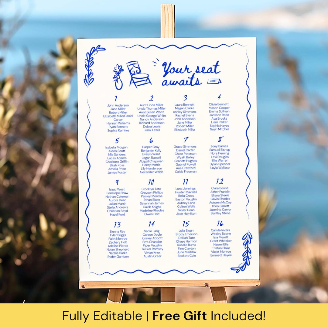 Blue Wedding Seating Chart Template, Reception Custom Seating Plan ...