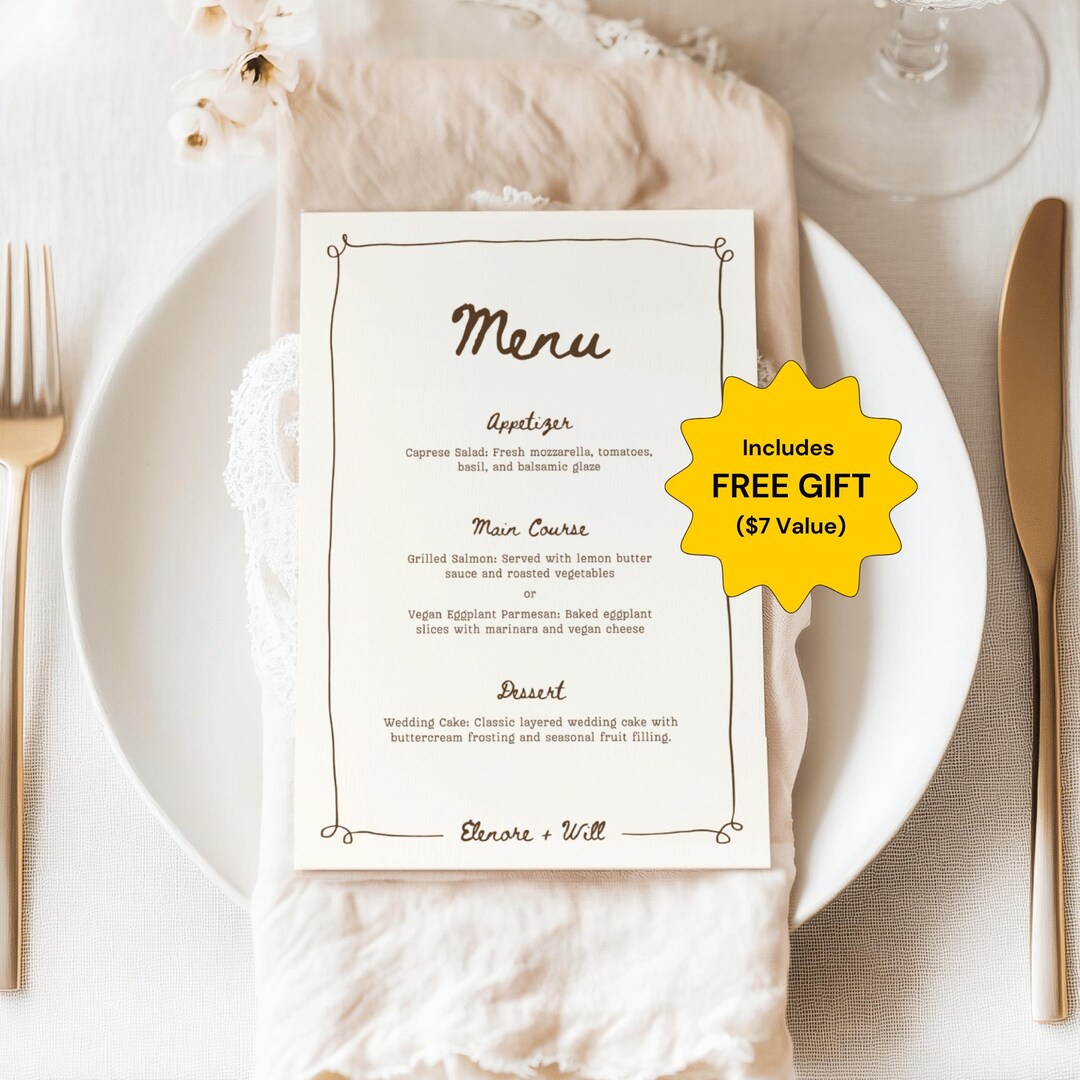 Cute Wedding Menu Template Editable Hand-drawn Vintage Design Modern ...