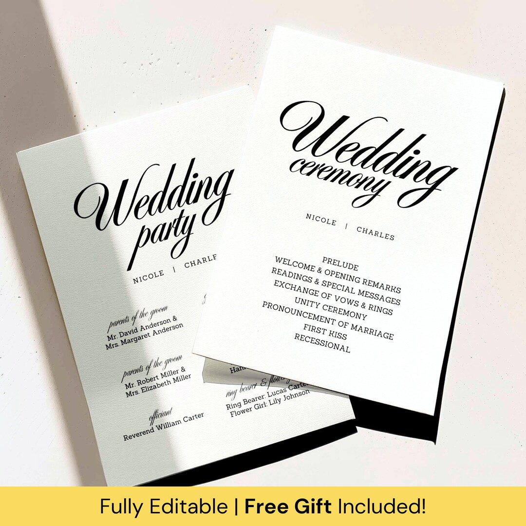 Classic Wedding Program Template, Minimalistic Wedding Ceremony Card, Simple Order of Service ...