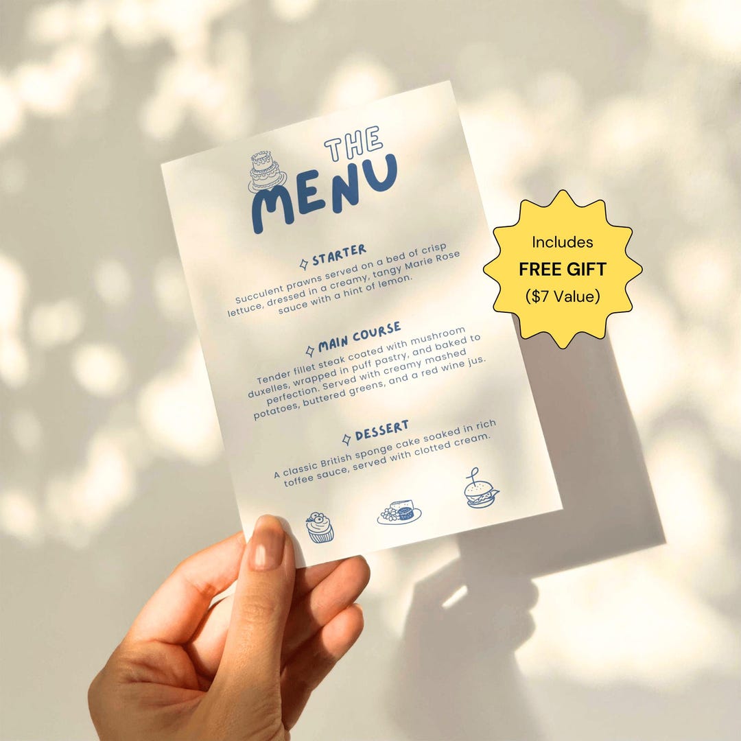 Wedding Menu Template Editable Canva, Fun Hand Drawn Menu Card, Blue ...