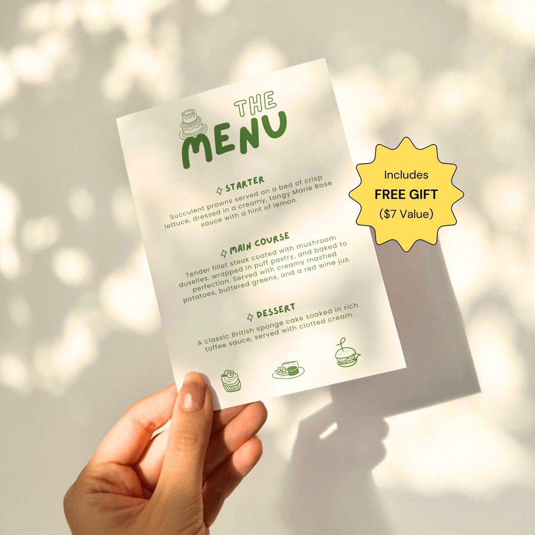 Wedding Menu Template Editable Canva, Fun Hand Drawn Menu Card, Green ...