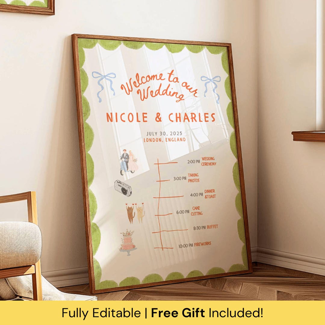 Colourful Wedding Day Timeline Sign, Whimsical Illustrated Canva ...