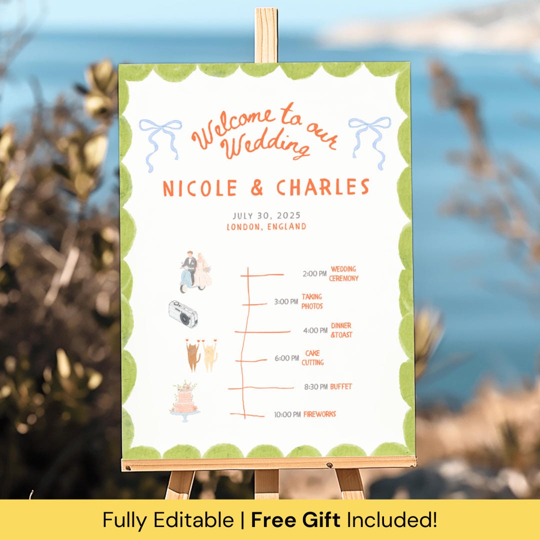 Wedding Order of Event Welcome Sign, Whimsical Wedding Day Timeline ...