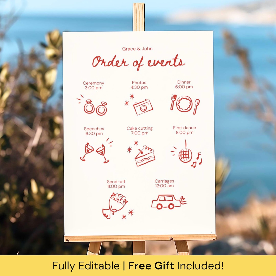 Unique Wedding Order of Events Template Hand-drawn Illustrated Timeline ...