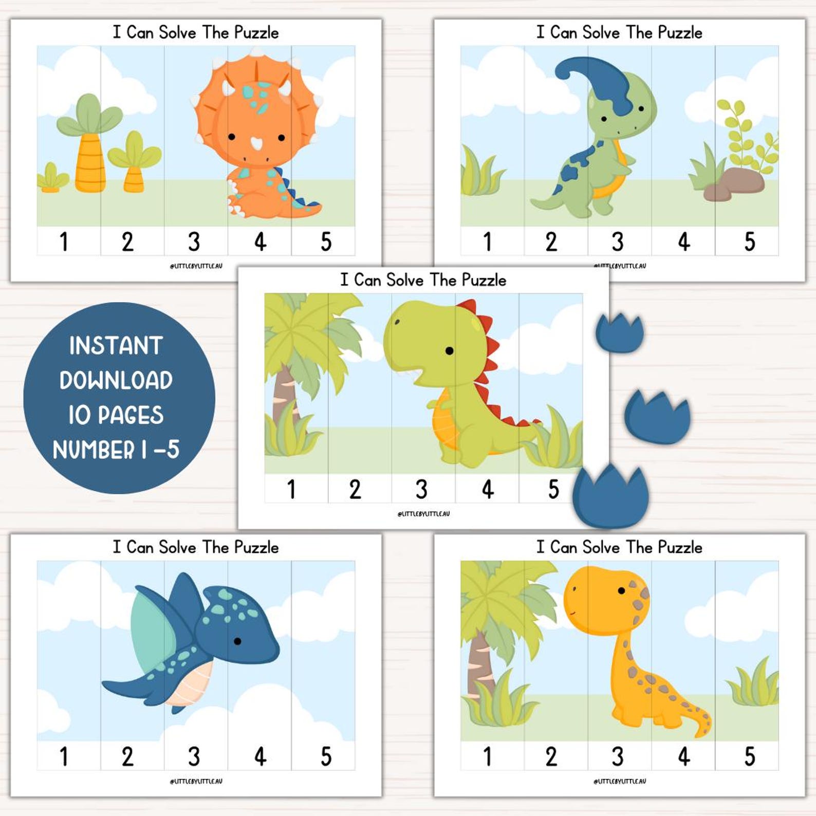 Dinosaur Number Sequence Count1-5 Puzzle Set - Printable Instant ...