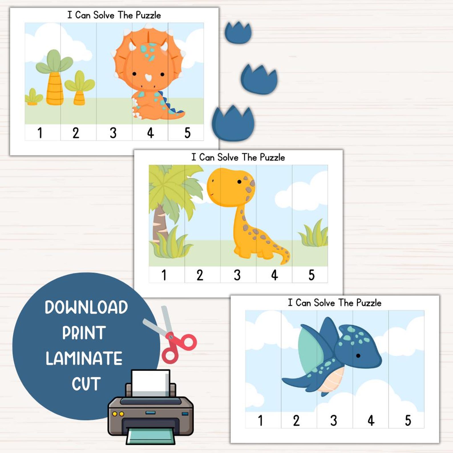 Dinosaur Number Sequence Count1-5 Puzzle Set - Printable Instant ...