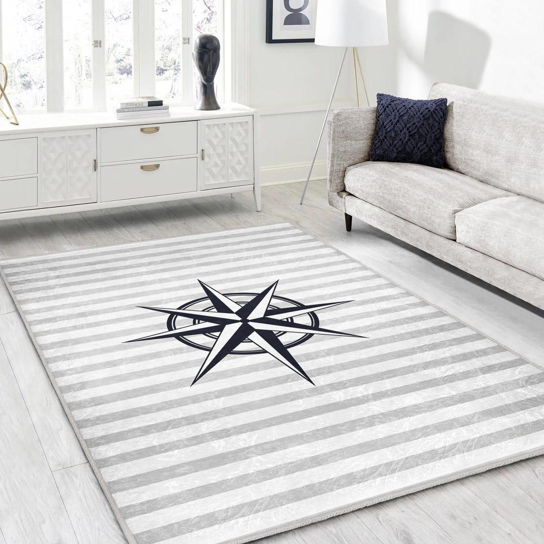 Nautical Compass Motif Area Rug - Explorer Carpet - Marine Runner-beach ...