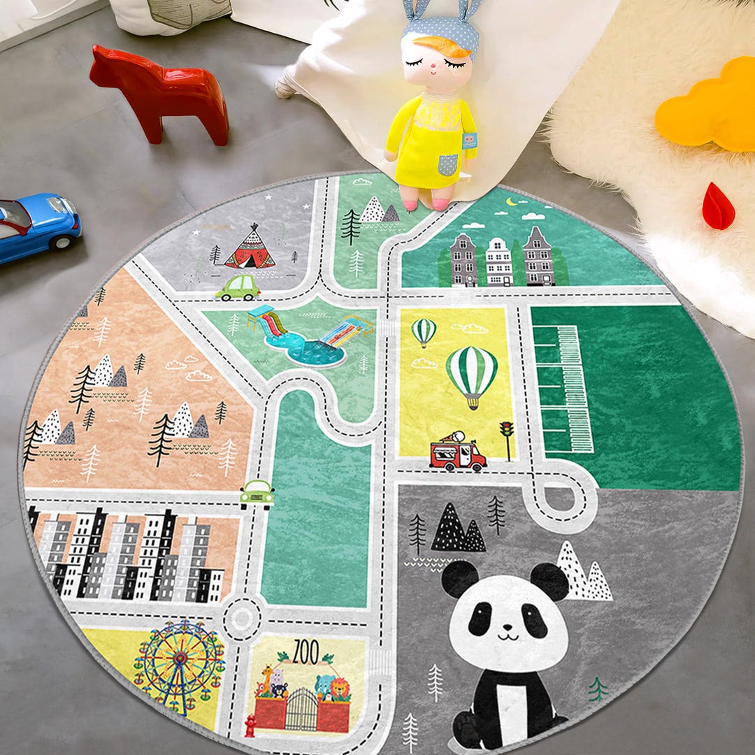 Car Kids Room Round Rug - Gray City Life Circle Carpet - Street ...