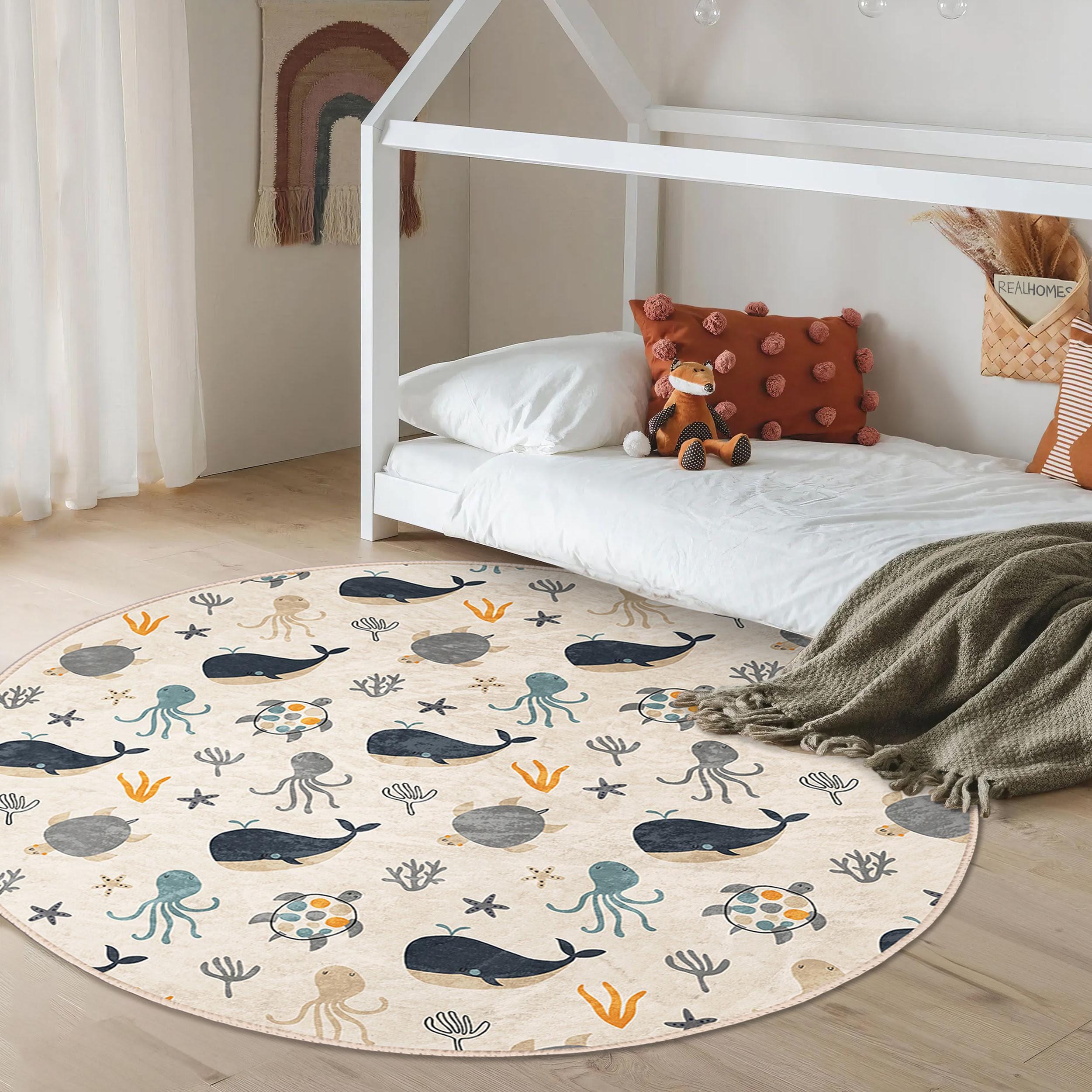 Sea Creatures Toddler Room Round Rug - Beige Ocean Circle Carpet ...