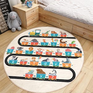 Alphabet ABC Kids Room Round Rug - Beige Train Circle Carpet - Letters ...