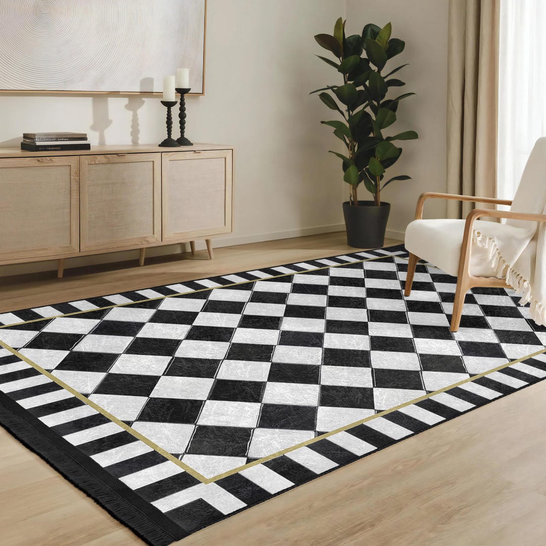 Diamond Checkered Area Rug-gold Frame Slip Resistant Rug-bold Washable ...