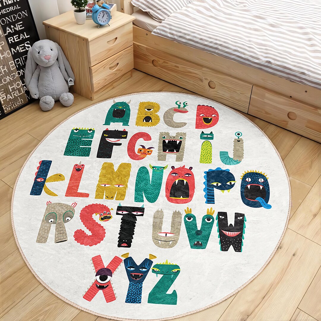 Letters Kids Room Round Rug - Beige Animal Circle Carpet - Learning ...