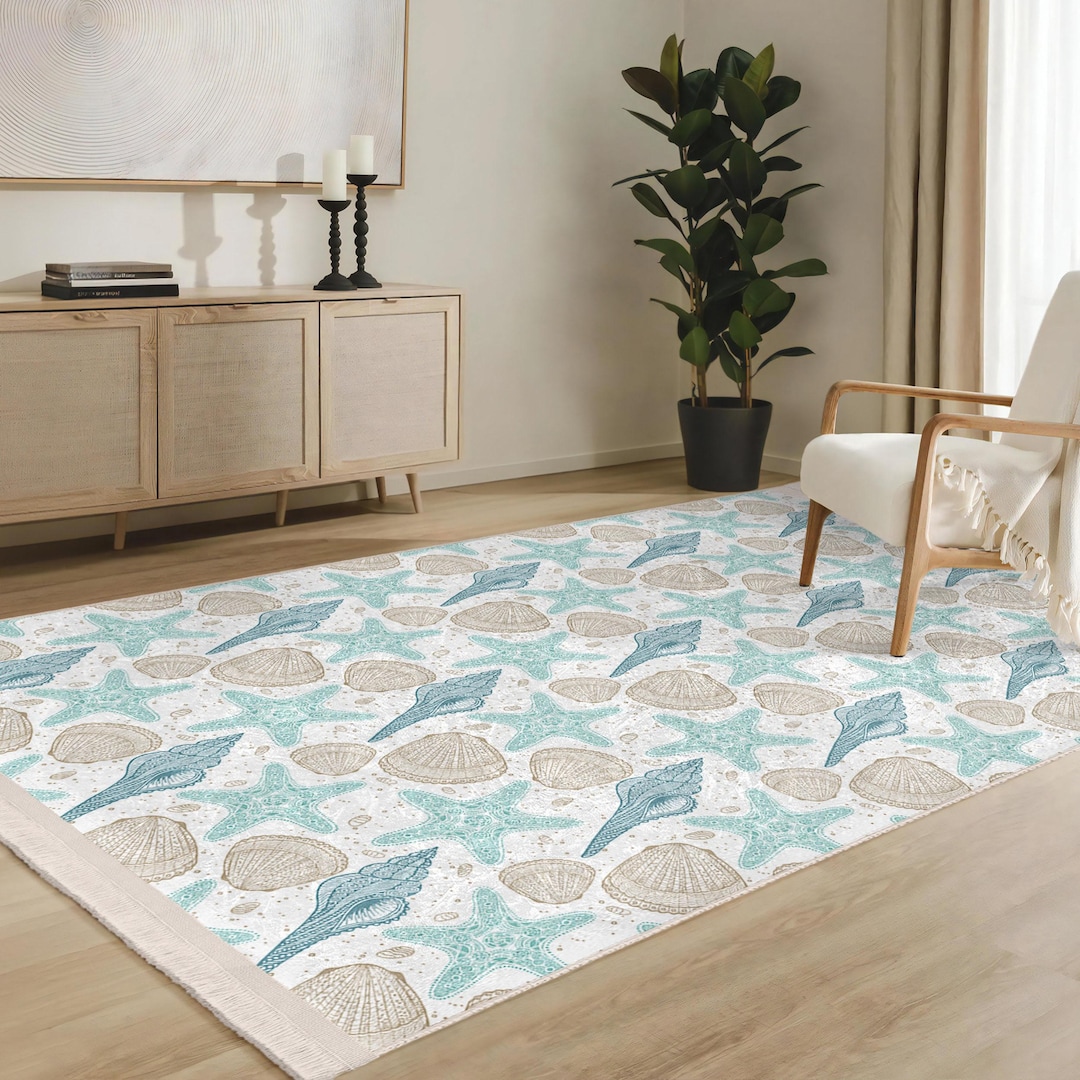 Seashell Starfish Area Rug - Sea Life Carpet-aqua Runner - Coastal ...