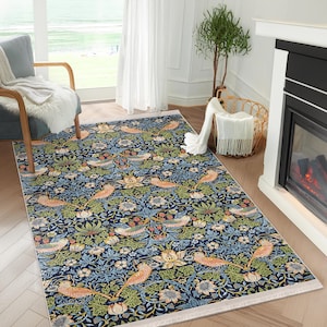 Strawberry Thief Area Rug -william Moris Blue Gothic Carpet - Bird Bush ...