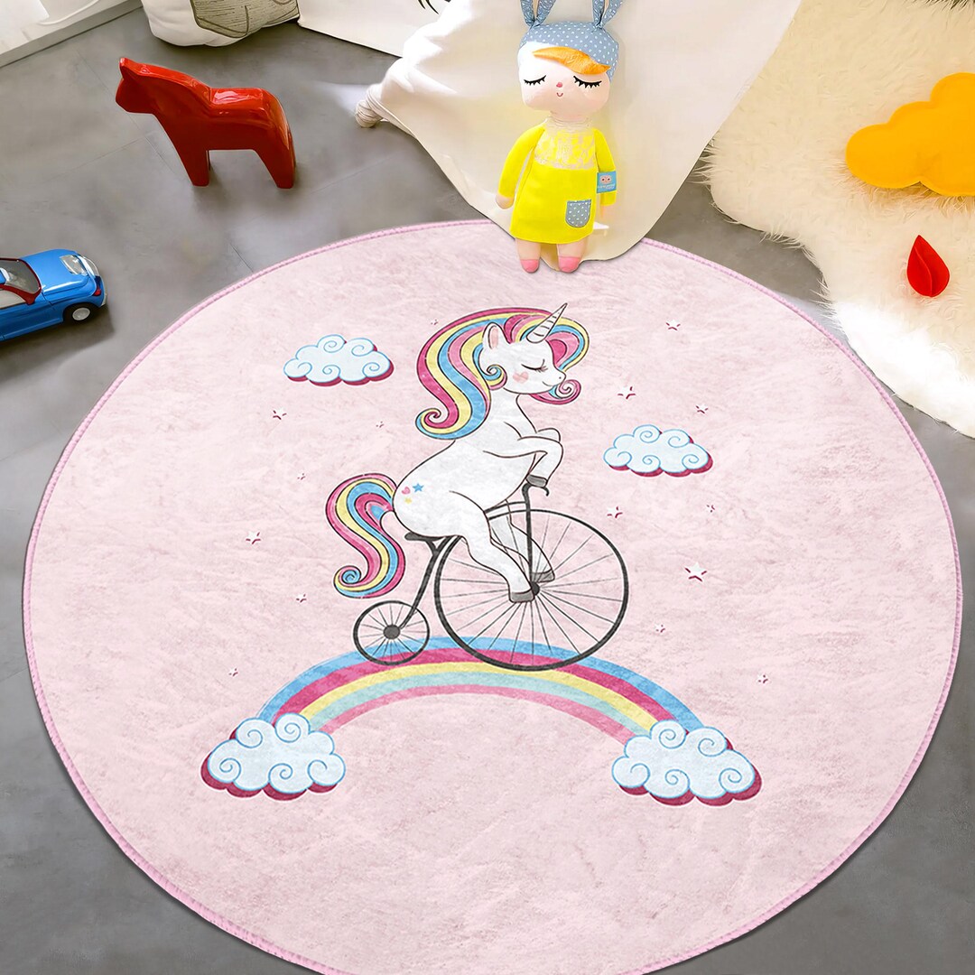 Pony Round Nursery Area Rug - Pink Unicorn Circle Newborn Carpet ...