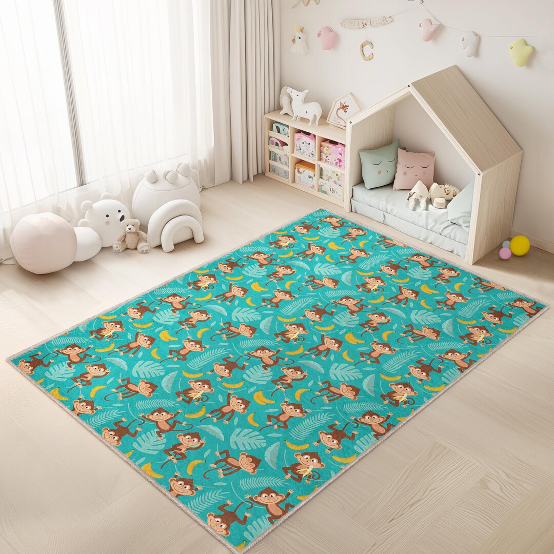 Monkey Banana Nursery Rug - Jungle Toddler Carpet - Animal Crawling ...