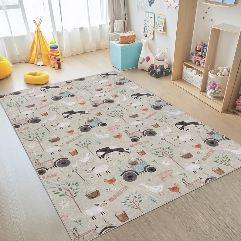 Green Farm Life Activity Rug - Barn Animals Newborn Carpet - Goose ...