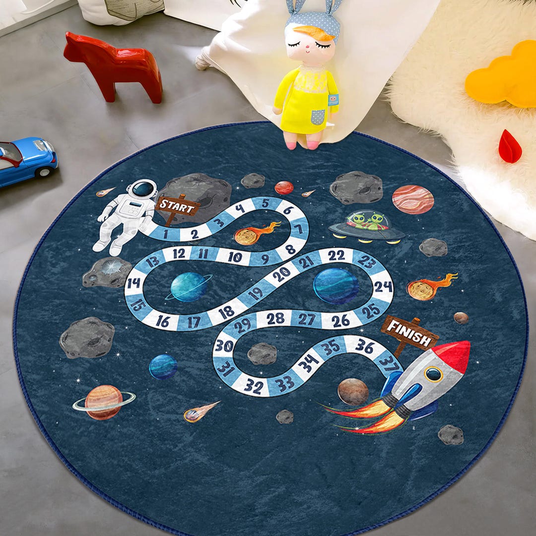 Astronaut Toddler Room Round Rug - Blue Hopscotch Circle Carpet - Space ...