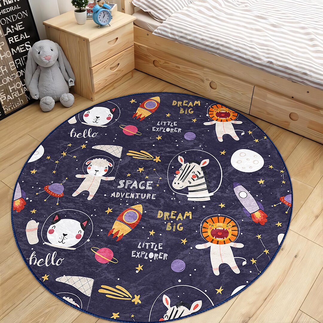 Space Kids Room Round Rug - Navy Blue Dream Big Circle Carpet - Rocket ...