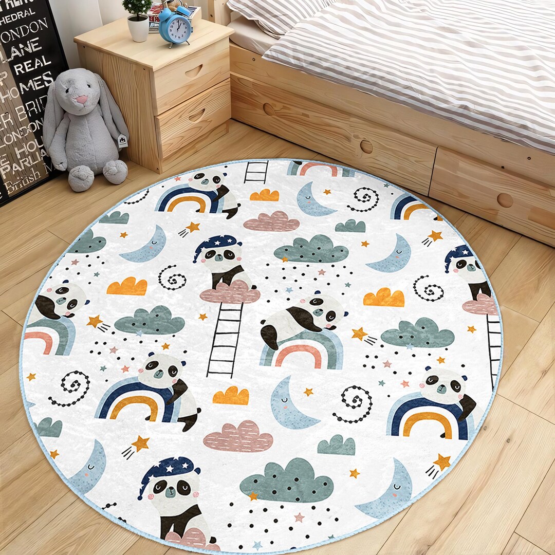 Sleepy Panda Round Rug - White Cute Panda Birds Circle Carpet - Clouds ...