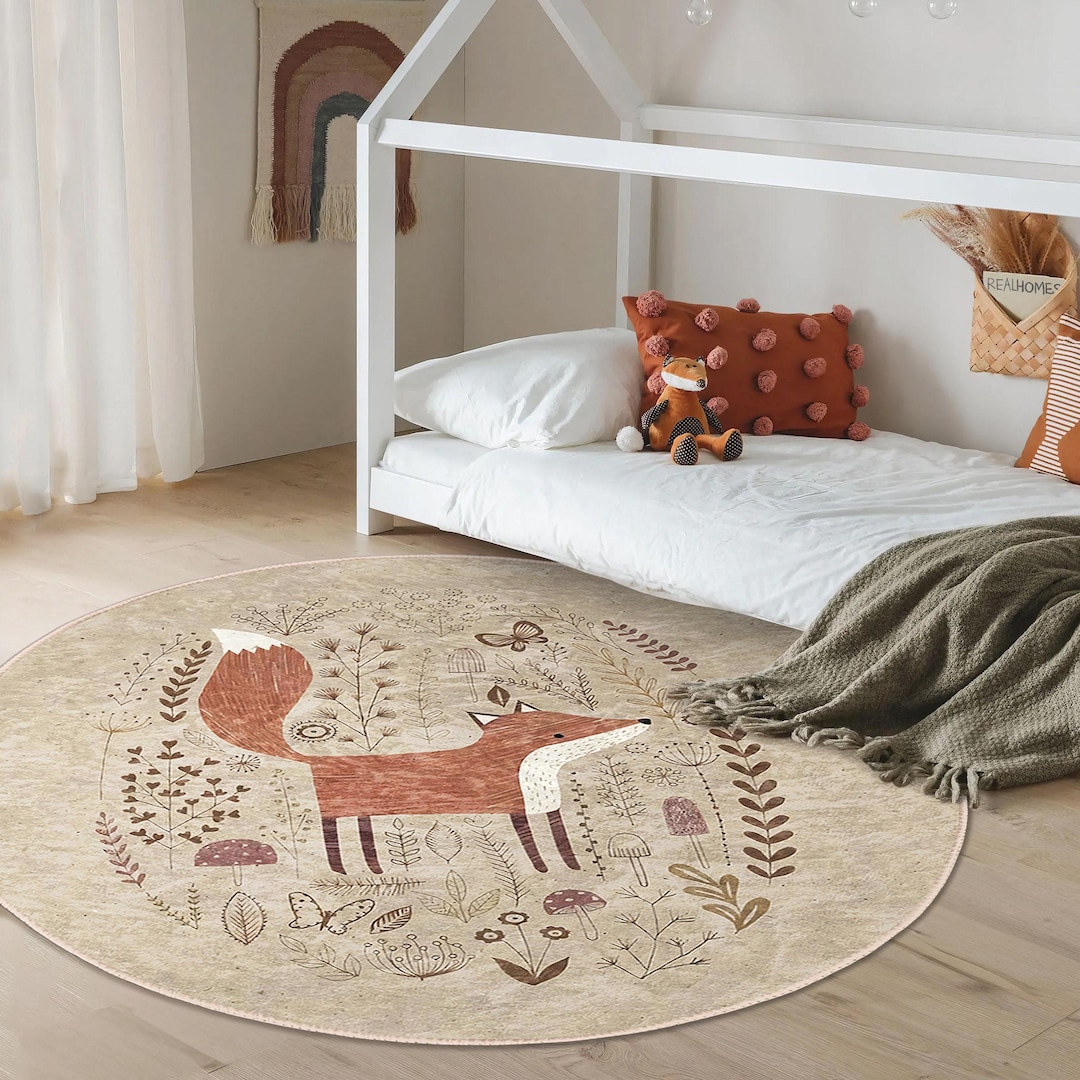 Fox Toddler Room Round Rug - Orange Woodland Circle Carpet - Cartoon ...